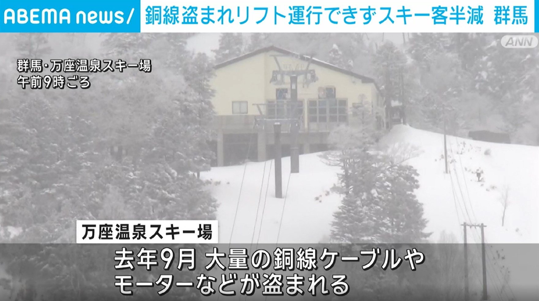 【写真・画像】銅線盗まれリフト運行できずスキー客半減 群馬 1枚目 | 国内 | ABEMA TIMES | アベマタイムズ