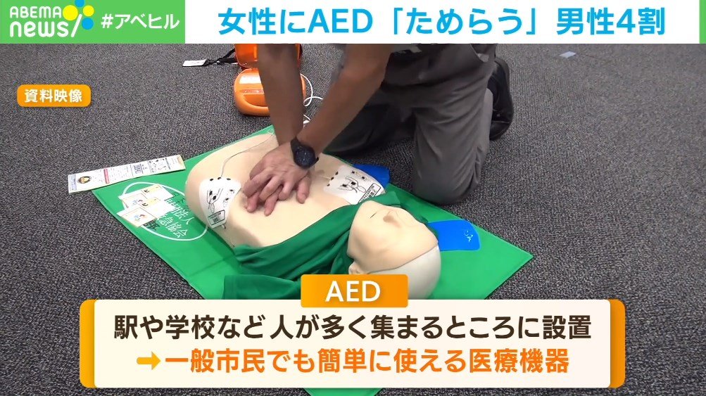 男性の4割が“女性へのAED使用”ためらう…セクハラや周囲の反応を心配する声に専門家「必ずしも上半身裸にする必要はない」 | 国内 | ABEMA TIMES | アベマタイムズ