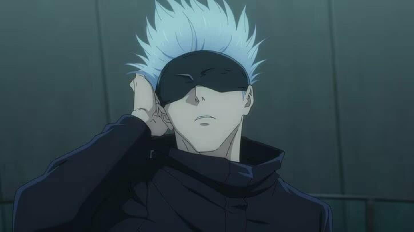 The moment when Satoru Gojo, wearing an angry expression, looks down ...